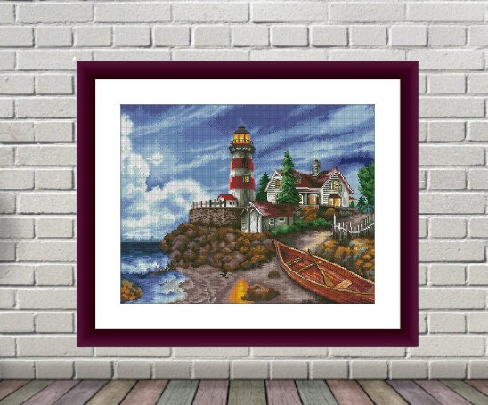 Scenic Lighthouse PDF Counted Cross Stitch Pattern Landscape - Etsy