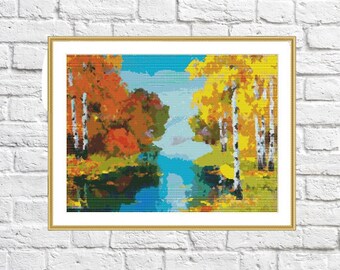 PDF Autumn Barn Counted Cross Stitch Pattern, Fall Landscape Instant ...