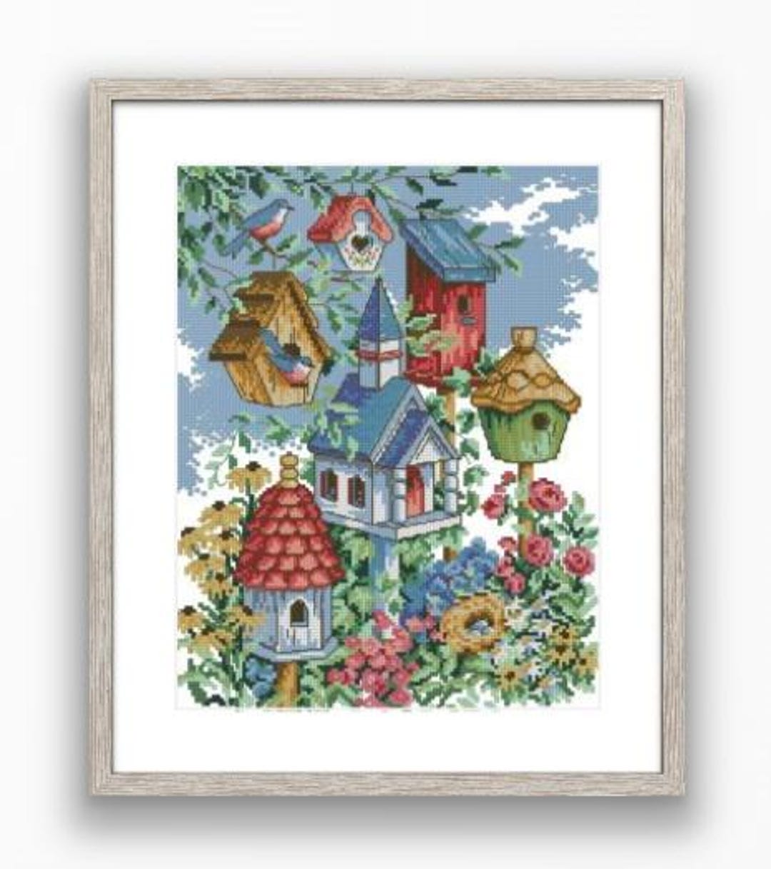 Birdhouse Neighbors Counted Cross Stitch Pattern Cardinal Birds Digital ...