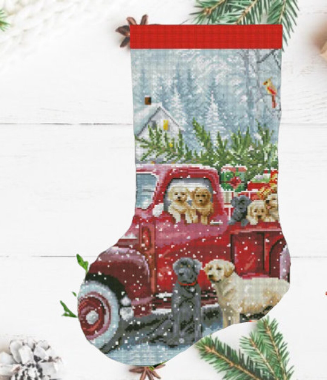 Christmas Eve Stocking PDF Counted Cross Stitch Pattern Christmas Puppy ...