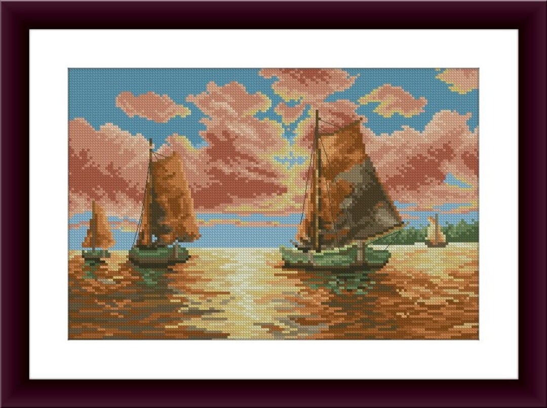 Boat PDF Counted Cross Stitch Pattern Sea Landscape Digital Cross ...