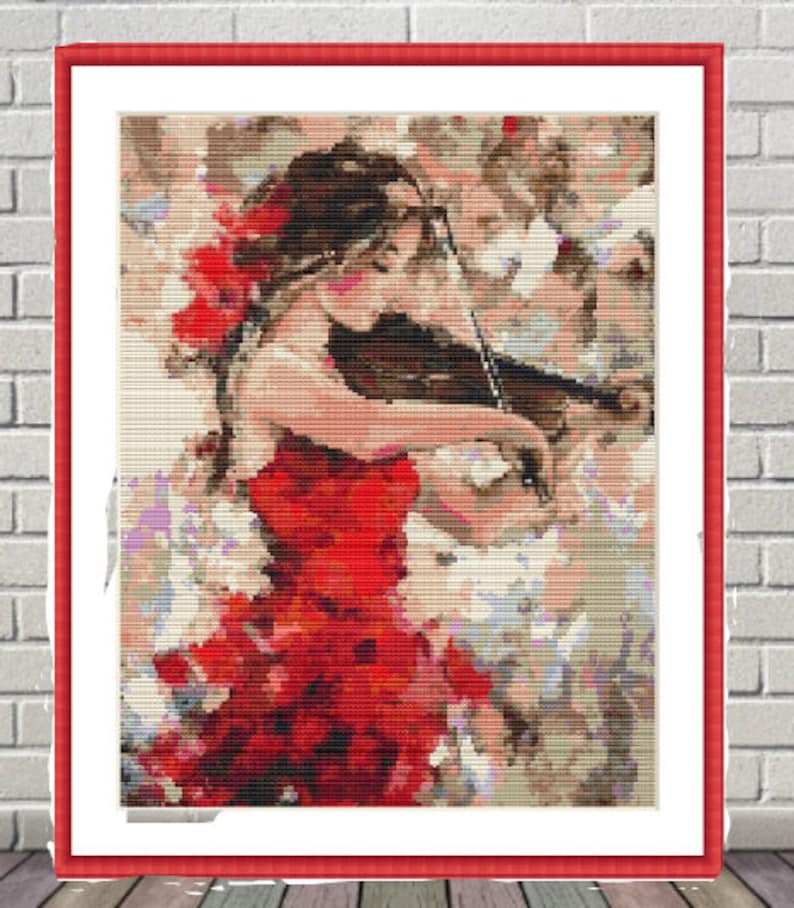 Lady in Red PDF Watercolor Counted Cross Stitch Pattern Maiden | Etsy
