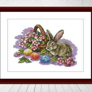 Easter Bunny Counted Cross Stitch Pattern Easter Eggs and Flowers Cross ...