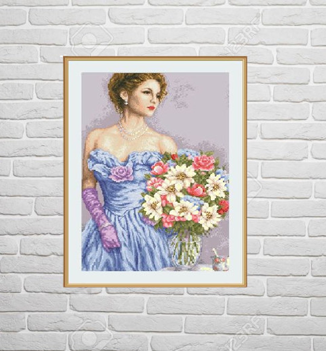 Lady Counted Cross Stitch Pattern Pdf Woman Bouquet Digital Cross ...