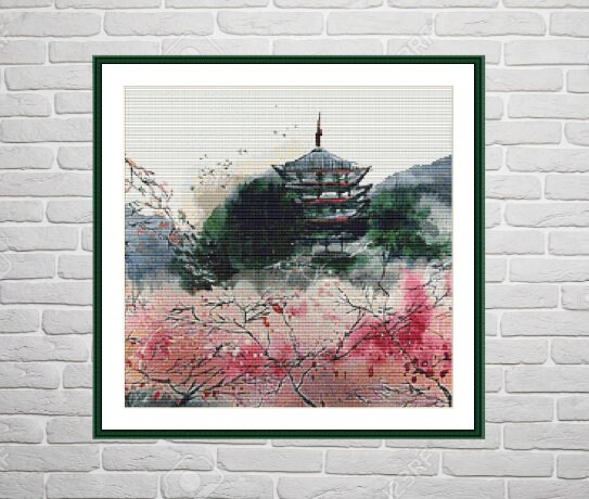 Japanese Pagoda PDF Counted Cross Stitch Pattern Watercolor Japanese ...