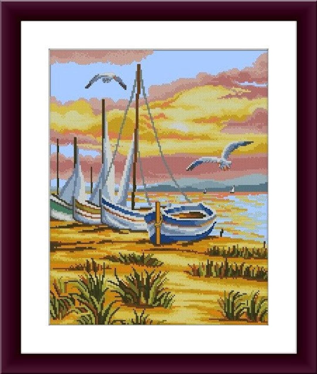Boats PDF Counted Cross Stitch Pattern Sea Landscape Digital Cross ...