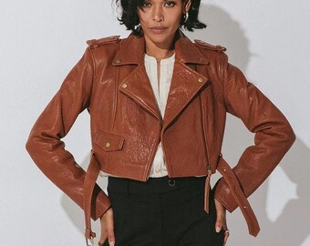Cropped Leather Jacket, Vintage Brown Leather Bomber Jacket, Cropped ...