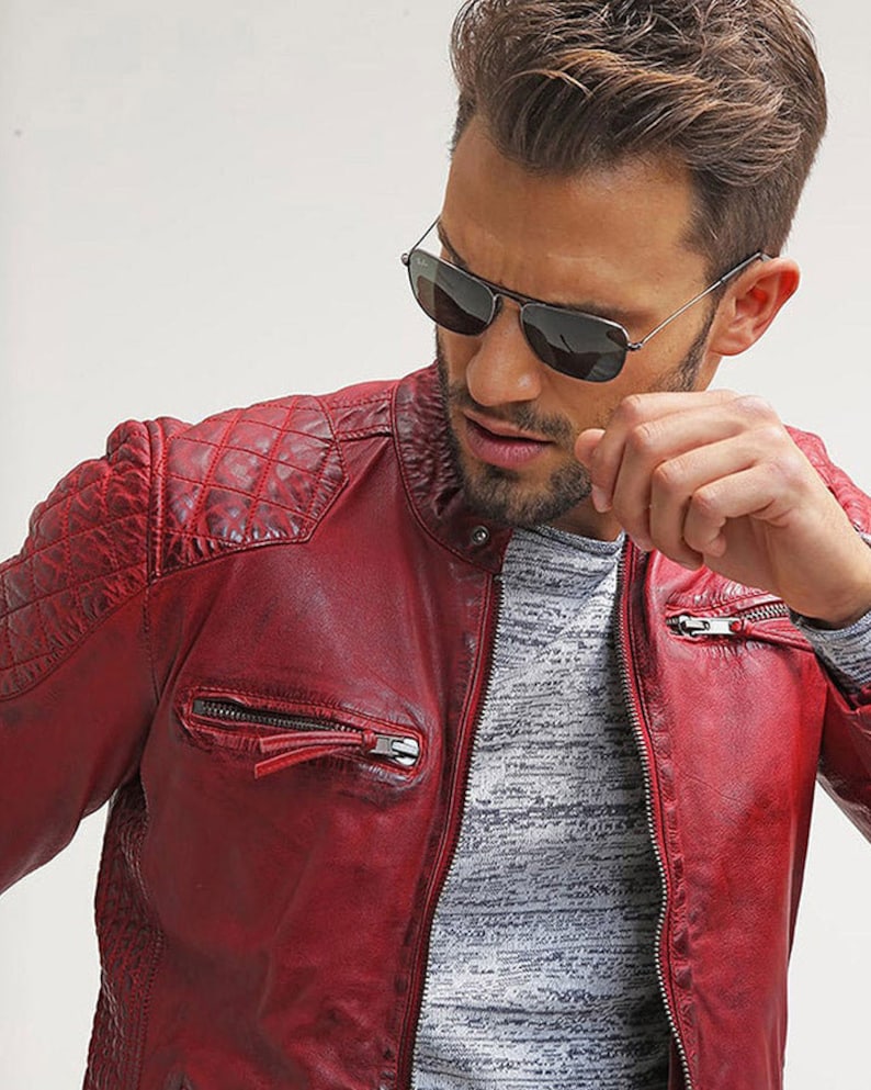 Men's Red Quilted Leather Jacket / Leather Jacket for Men / Red Real ...