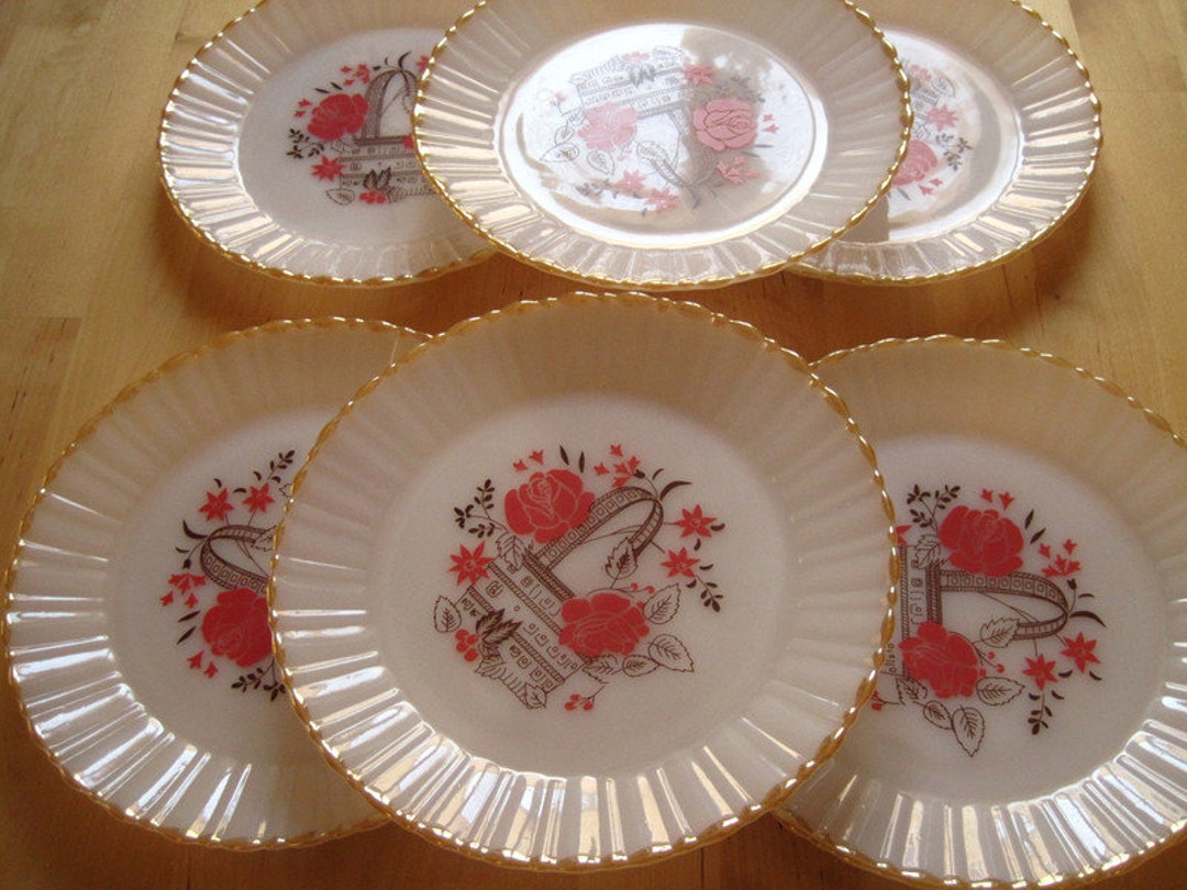 Termocrisa Set of 6 Opaline Dinner Plates - Golden Edge - Vintage 70s ...