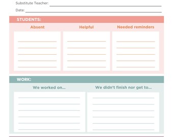 Substitute Teacher Classroom Report for Permanent Teacher - Etsy