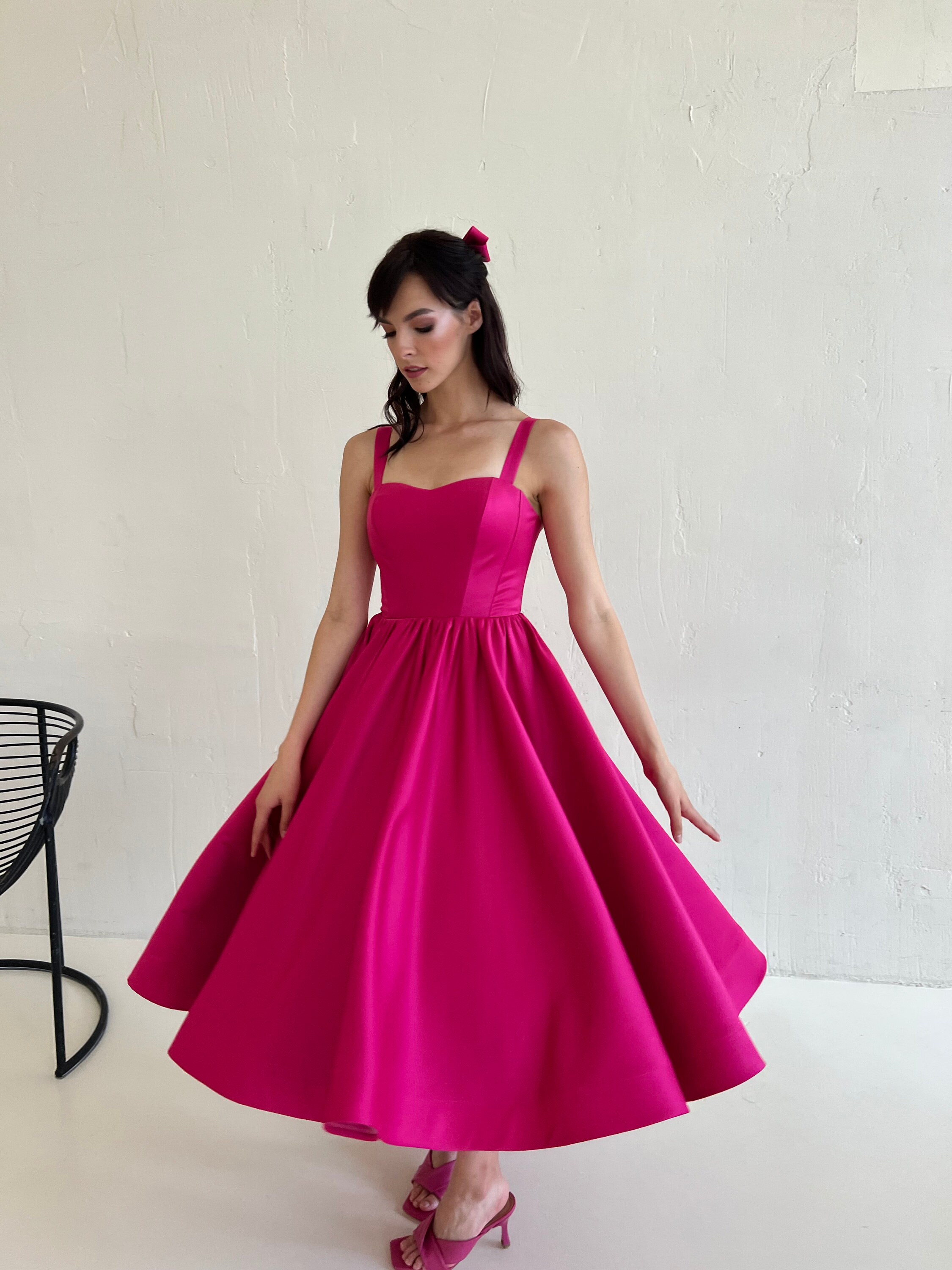 Pink Satin Dress, Pink Prom Dress, Fuchsia Dress, Satin Prom Dress, Pink Midi Dress - Etsy