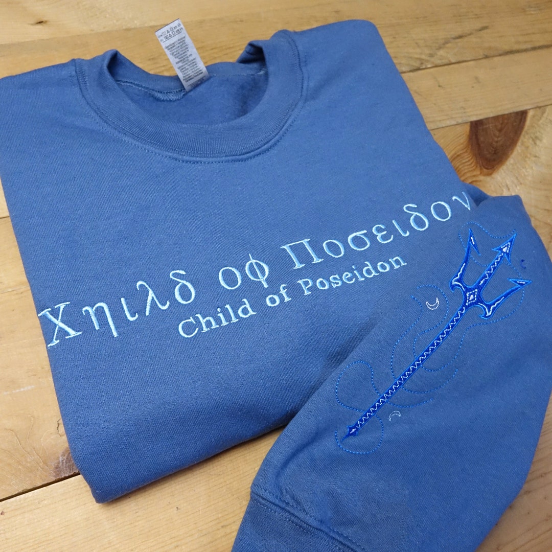 ONE SMALL - Trident, Child of Poseidon Embroidered Blue Crewneck ...