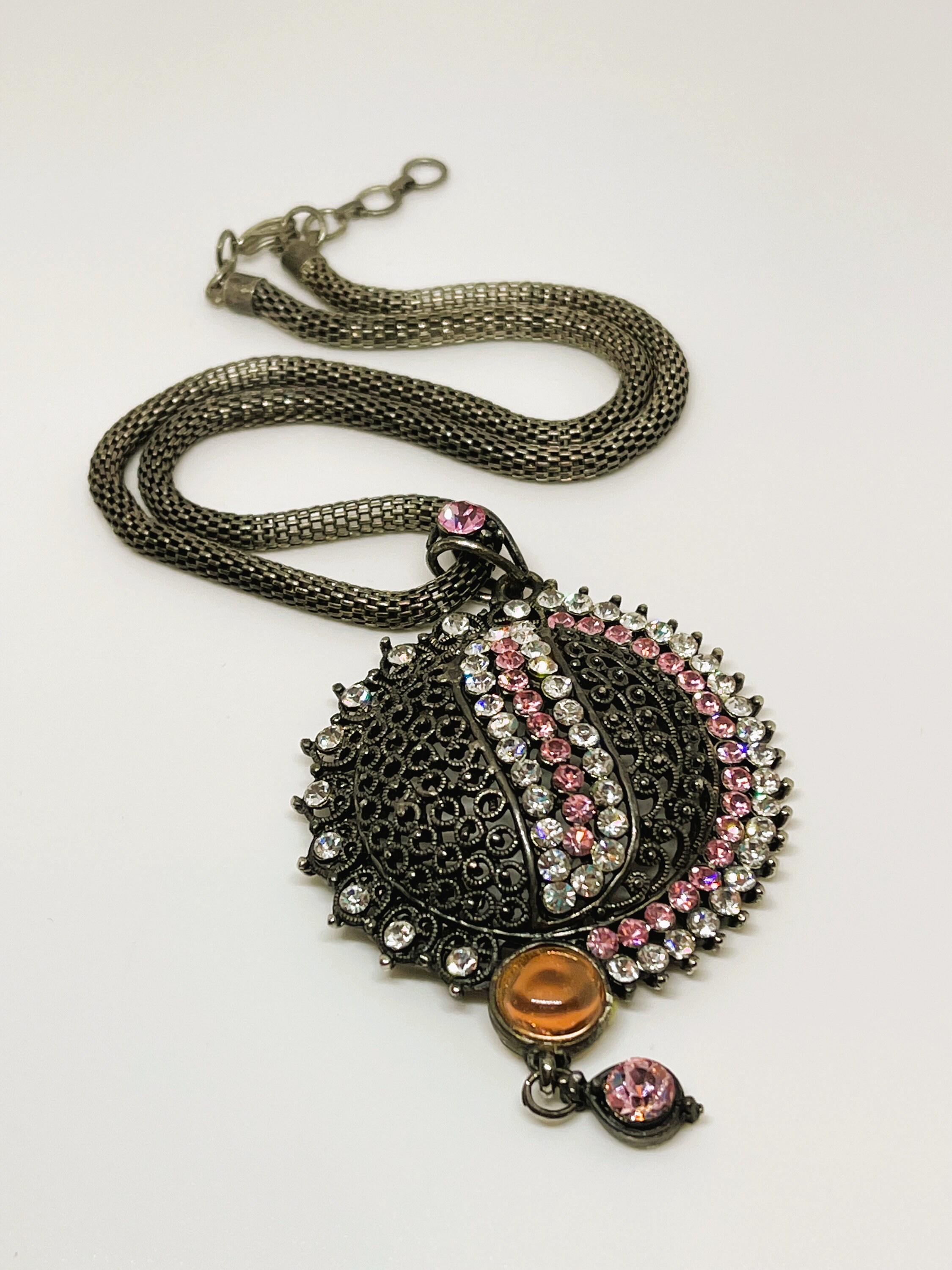 Large Round Pendant Necklace Sparkly Rhinestones Pink and Clear ...