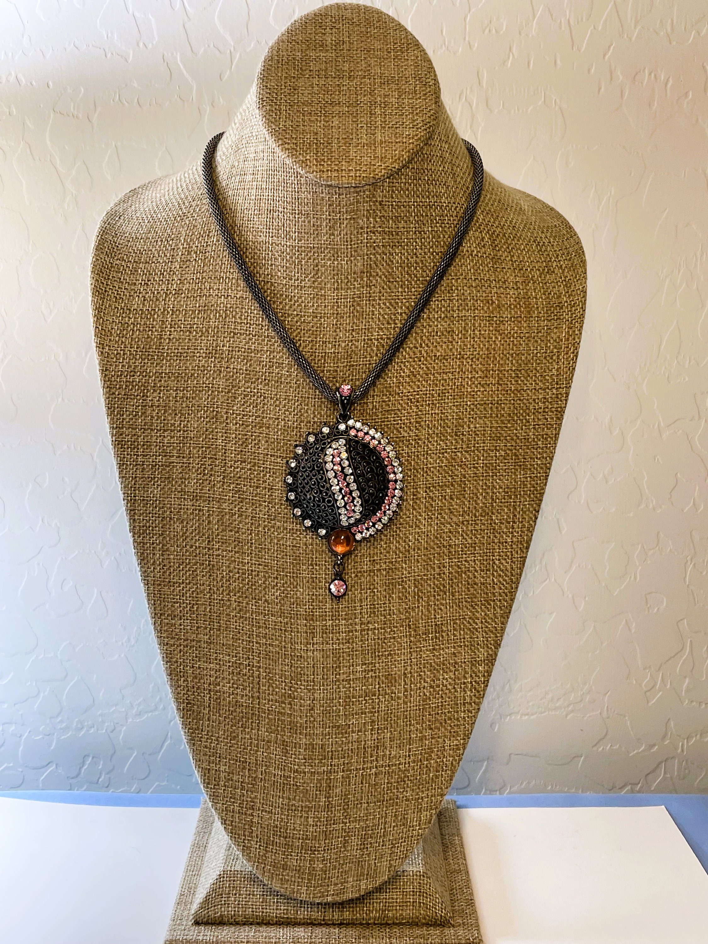 Large Round Pendant Necklace Sparkly Rhinestones Pink and Clear ...