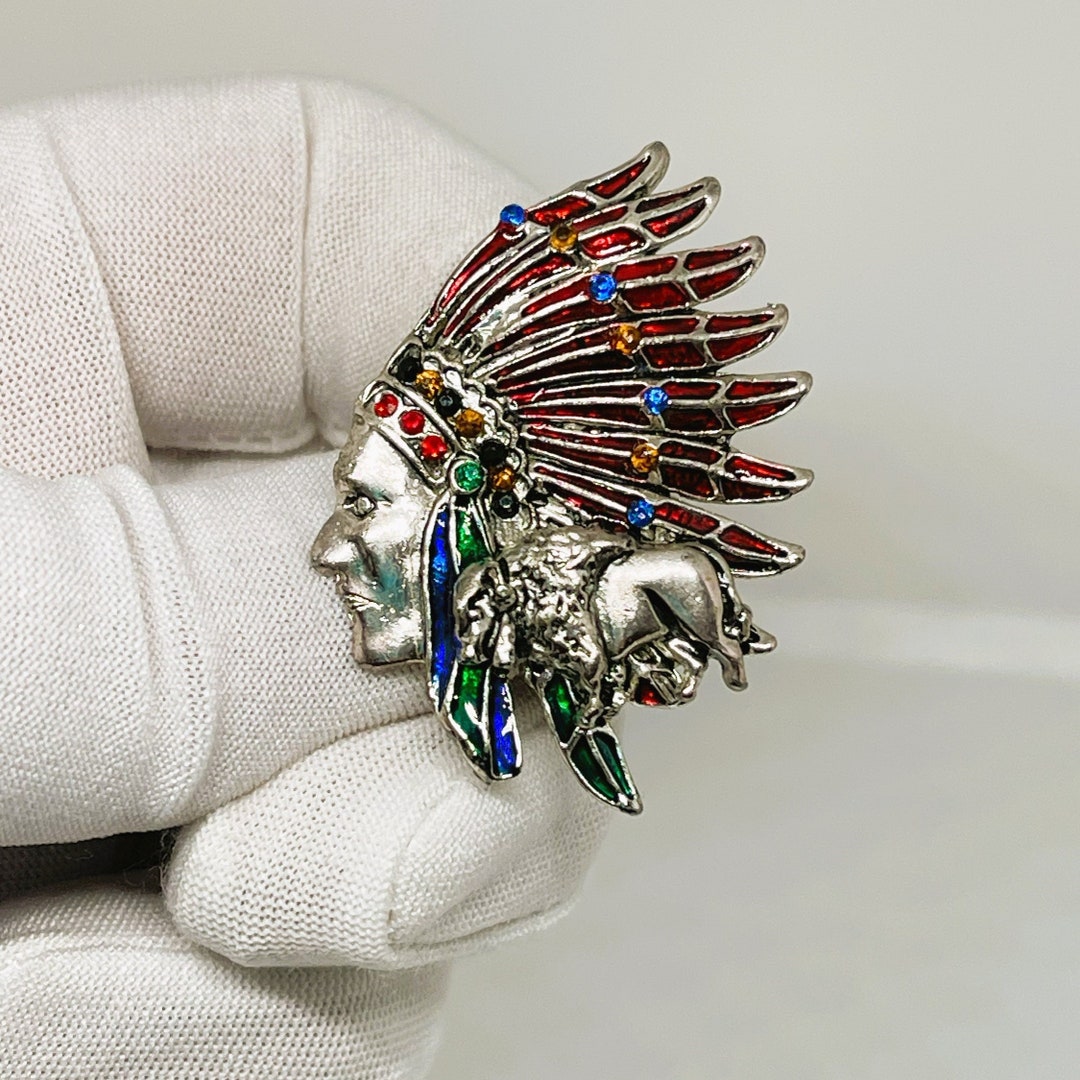 Vintage 1940's Native American Pin Buffalo, Native Chief Head Brooch ...