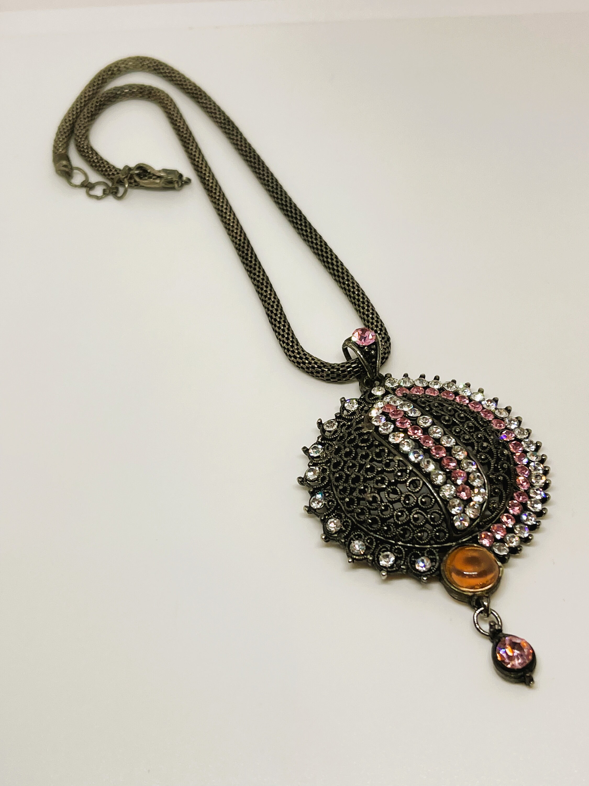 Large Round Pendant Necklace Sparkly Rhinestones Pink and Clear ...