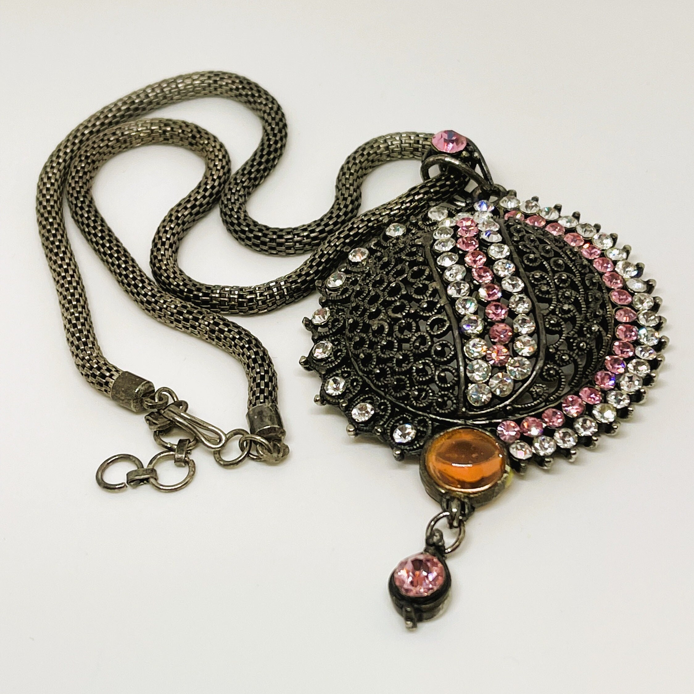 Large Round Pendant Necklace Sparkly Rhinestones Pink and Clear ...