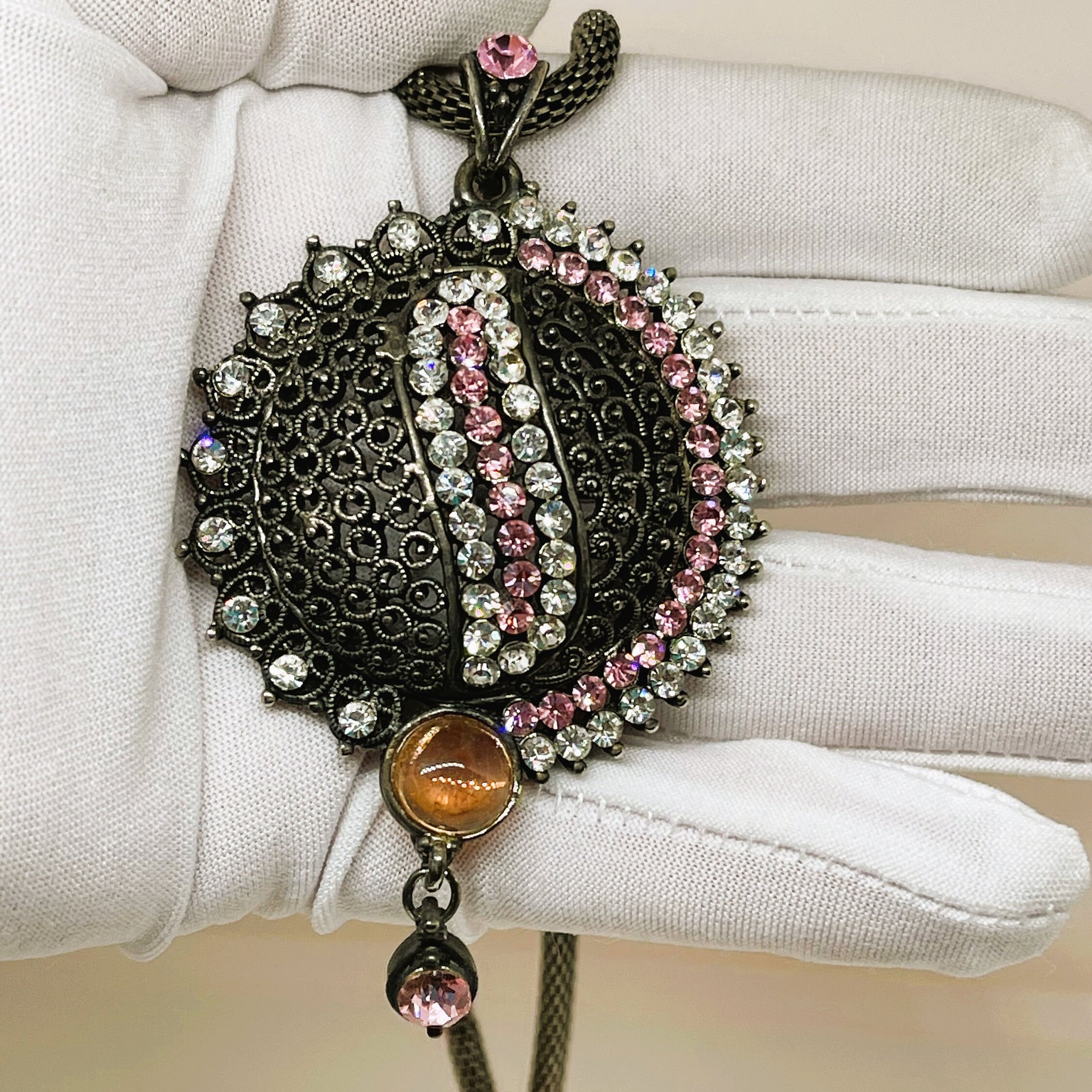 Large Round Pendant Necklace Sparkly Rhinestones Pink and Clear ...