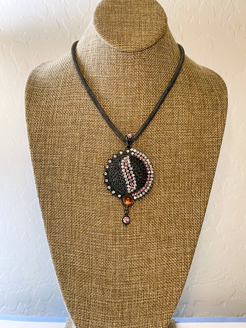 Large Round Pendant Necklace Sparkly Rhinestones Pink and Clear ...