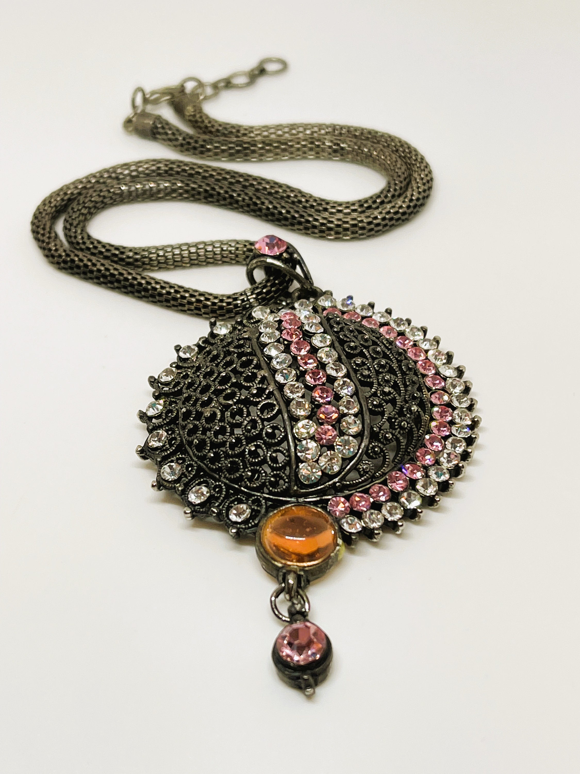 Large Round Pendant Necklace Sparkly Rhinestones Pink and Clear ...