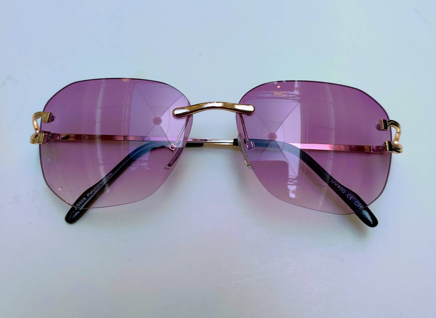 Frameless Purple Lens Gold Frame Sunglasses Gold Frame Etsy