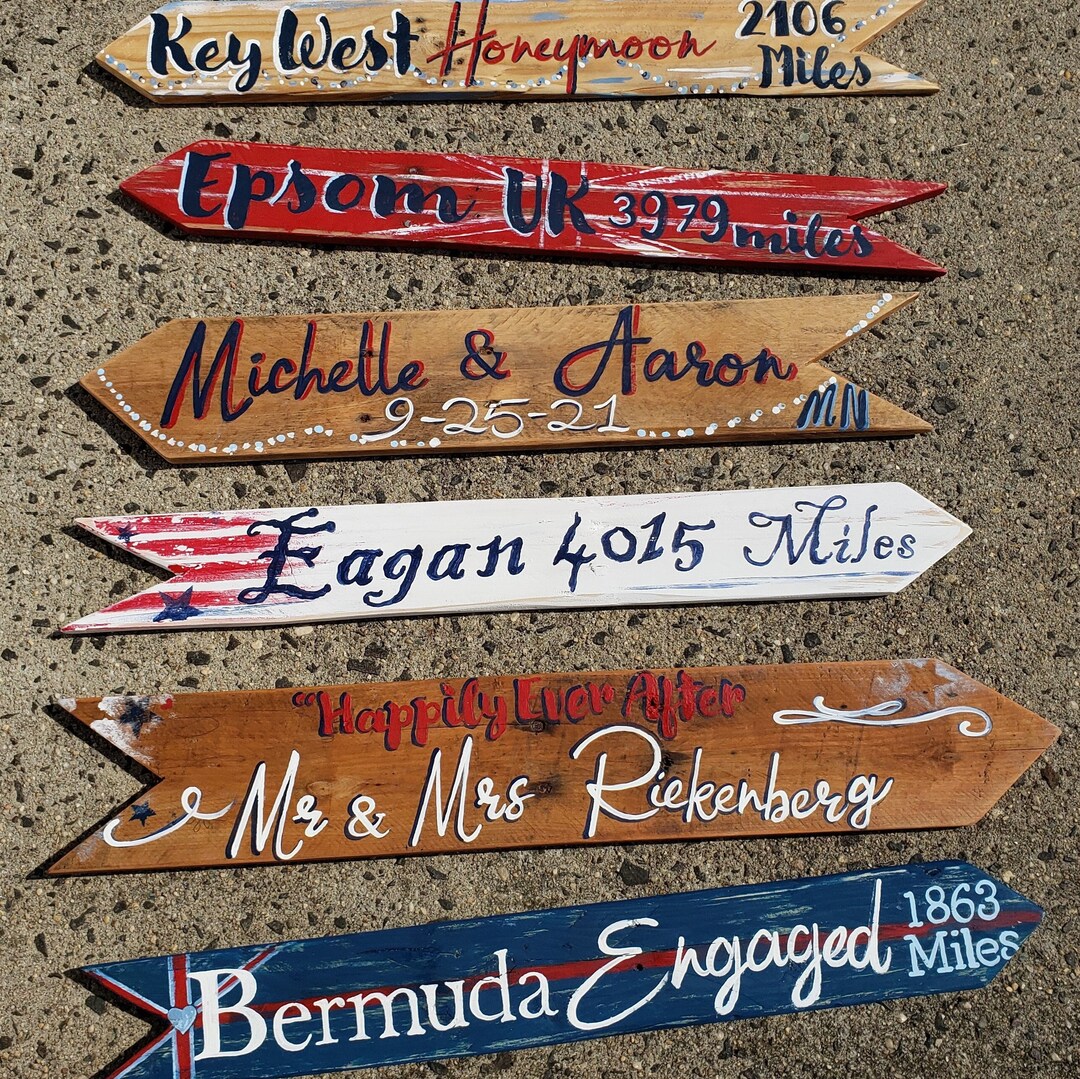 6 Personalized Mile Marker Destination Arrow Signs- Handmade Signs ...