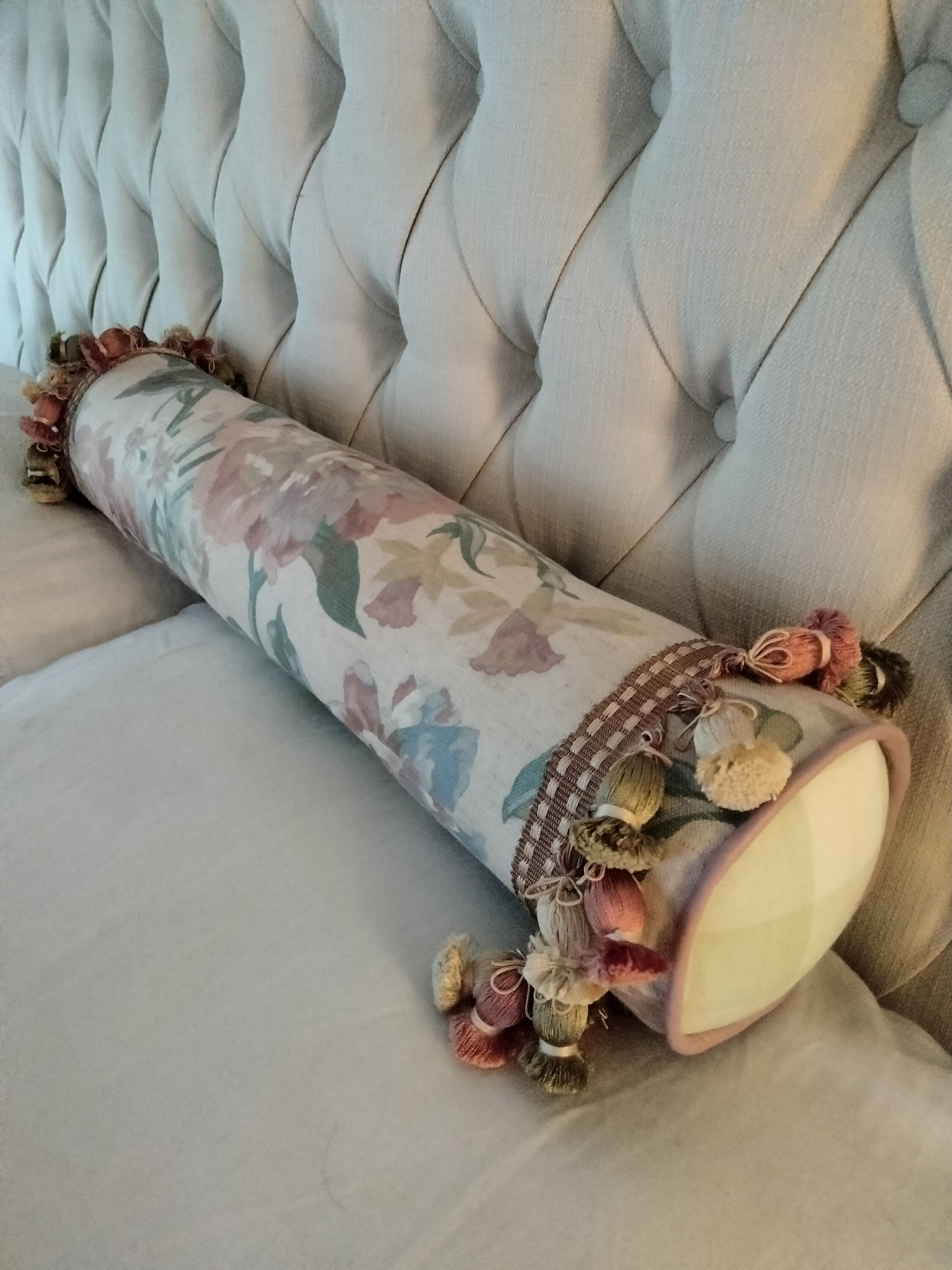 Floral Bolster Pillow; Upcycled Vintage Cream Floral Fabric Bolster; 26 ...