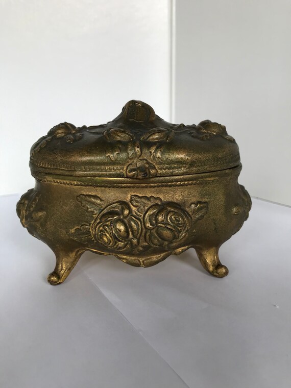 Gold Jewelry Casket with Holly, Antique Gold Metal Je… - Gem