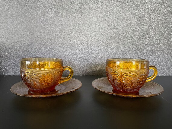 Vintage Amber Glass Tea Cups Glass Floral Tea Cups Set of 2 - Etsy