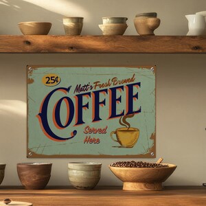 Personalized Fresh Brewed Coffee Bar Sign, Vintage Diner Style Metal ...