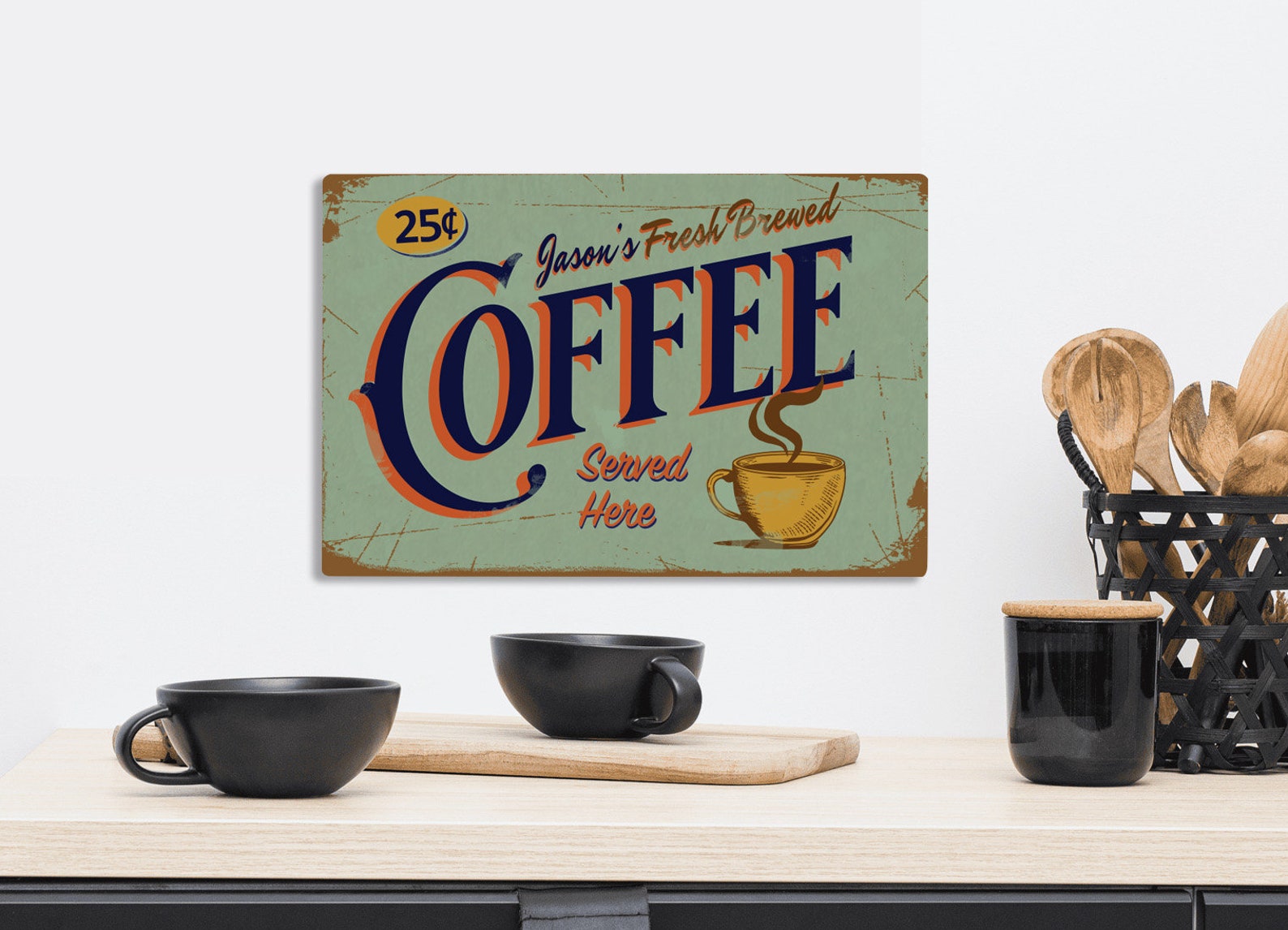 Personalized Fresh Brewed Coffee Bar Sign, Vintage Diner Style Metal ...