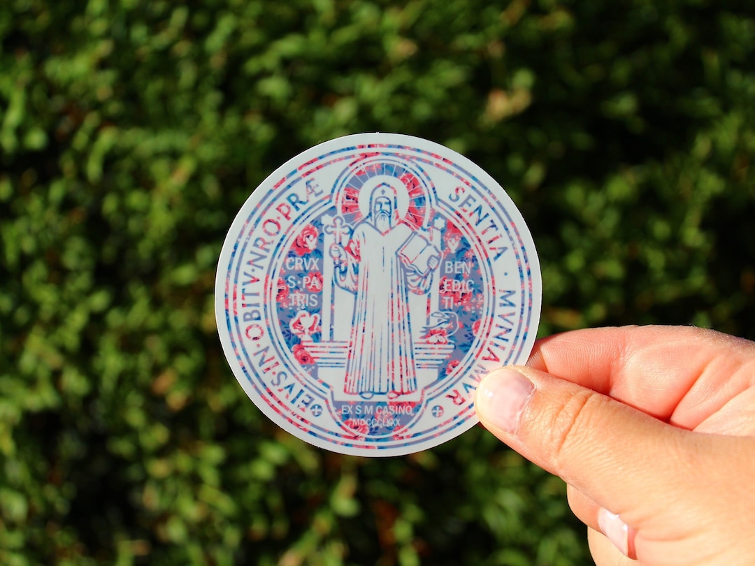 Catholic St. Benedict Medal Sticker Floral Blue for Laptop, Water ...