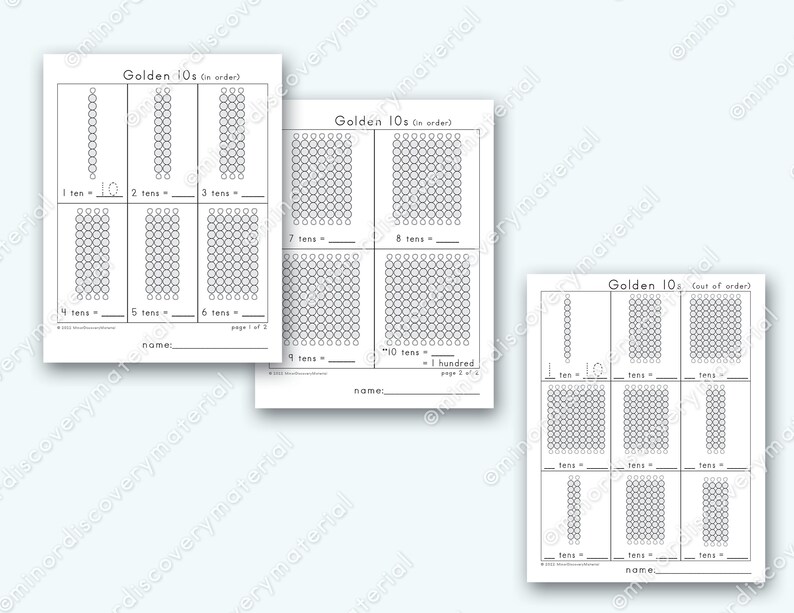 Montessori Golden 10s Worksheet- Mathematics Math Golden Beads ...