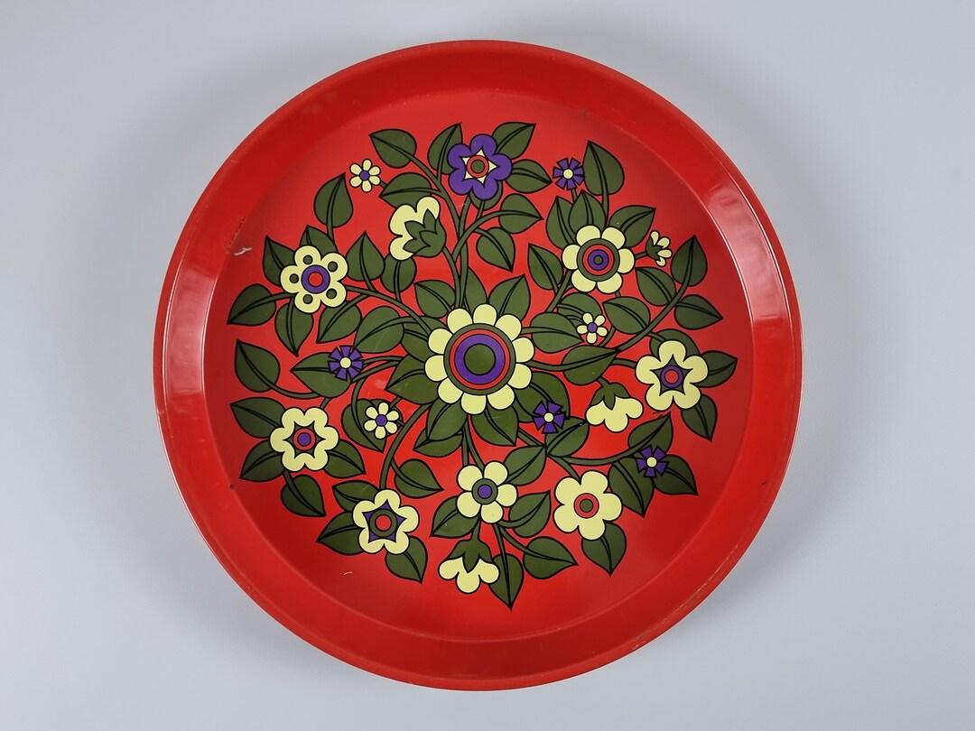 Mid Century Modern - Vintage Floral Design Metal Serving Tray - Space ...