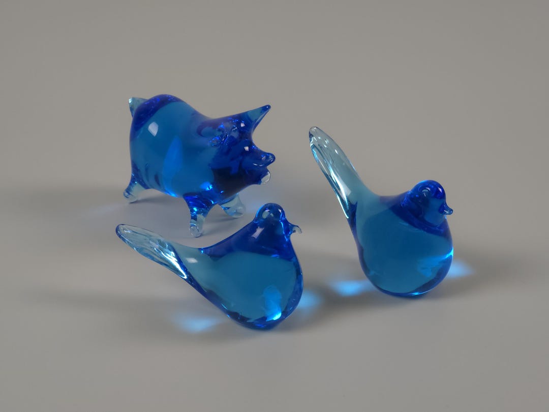 Vintage 1960s FM Ronneby Blue Glass 'pippi Birds & Piggy' Figurines by ...