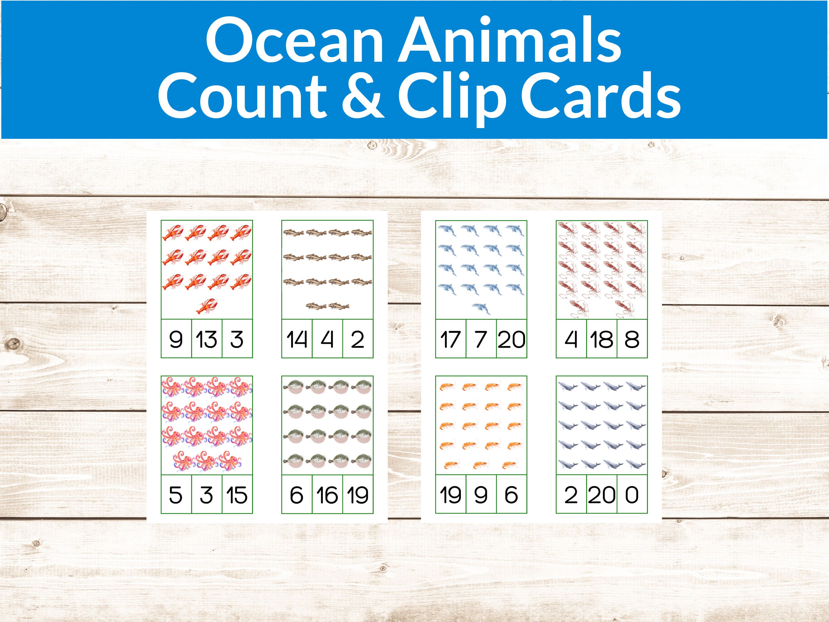 Ocean Animals Montessori Count & Clip Cards. Preschool and Kindergarten ...