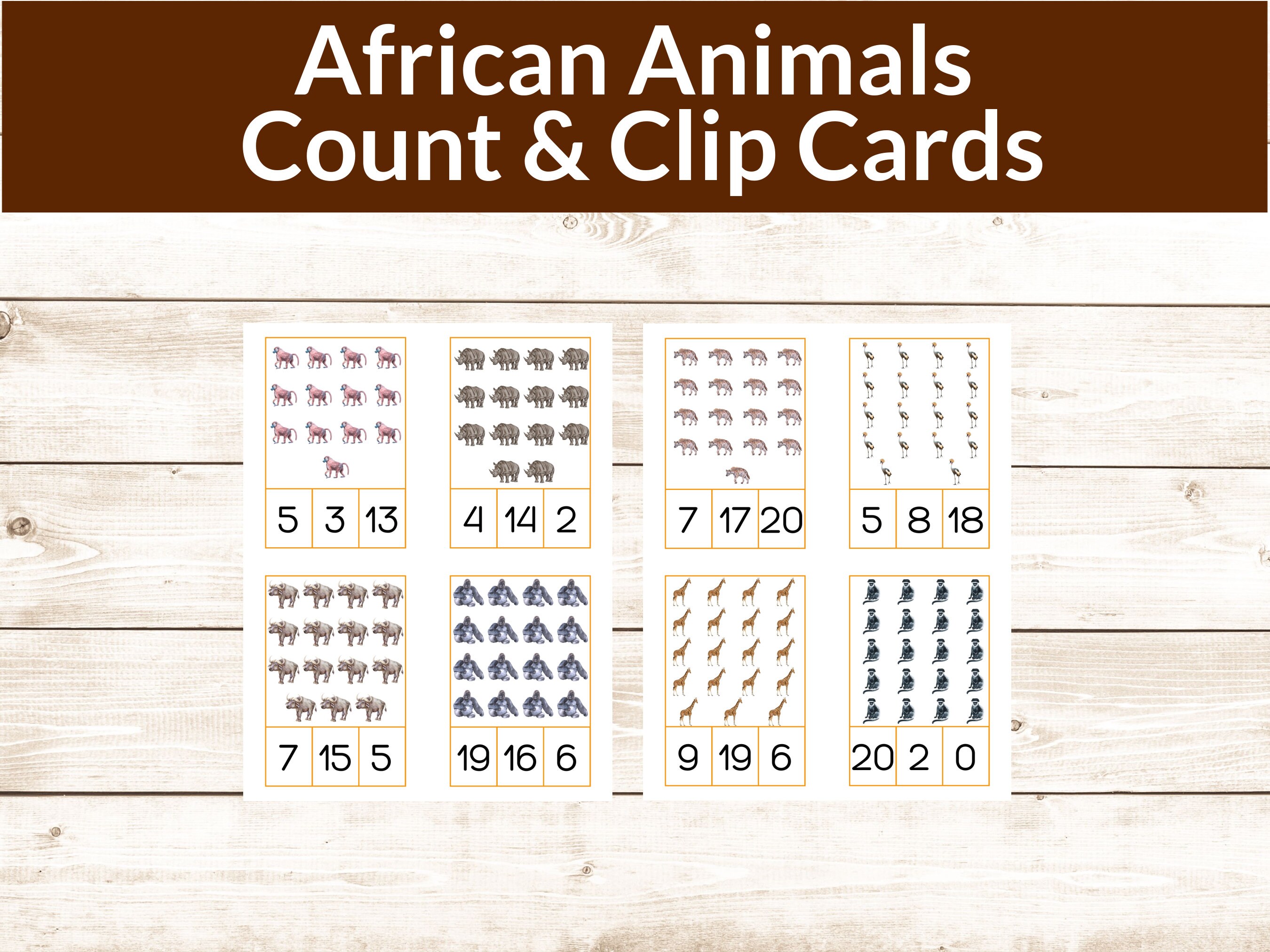 African Animals Montessori Count & Clip Cards. Preschool and ...