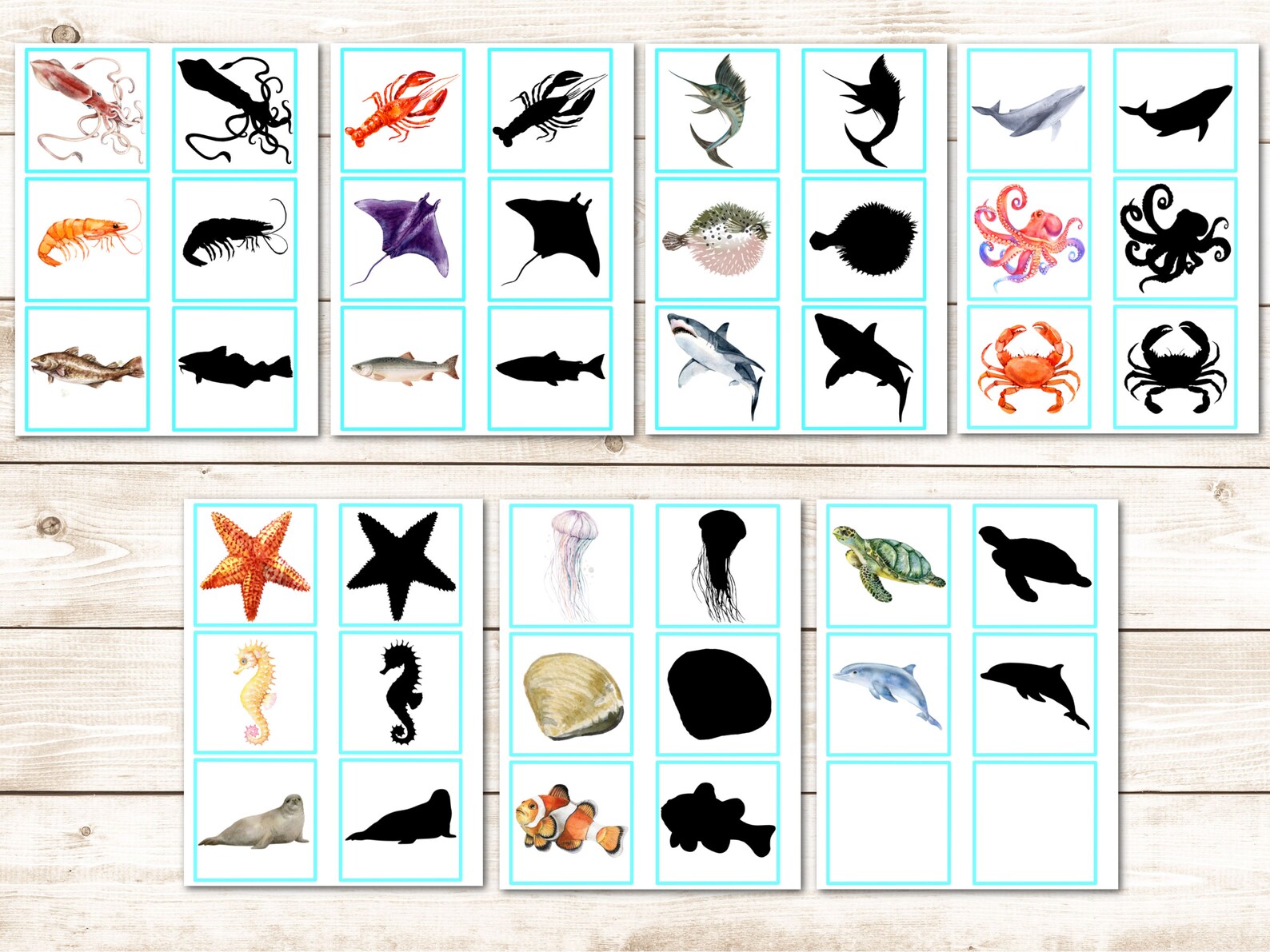 Ocean Animals Shadow Matching Cards. Montessori Toddler Printable ...