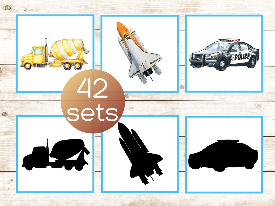 Vehicles Cars Trucks Shadow Matching Cards. Montessori Toddler ...