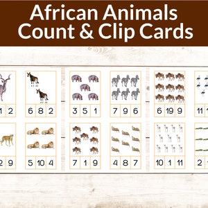 African Animals Montessori Count & Clip Cards. Preschool and ...