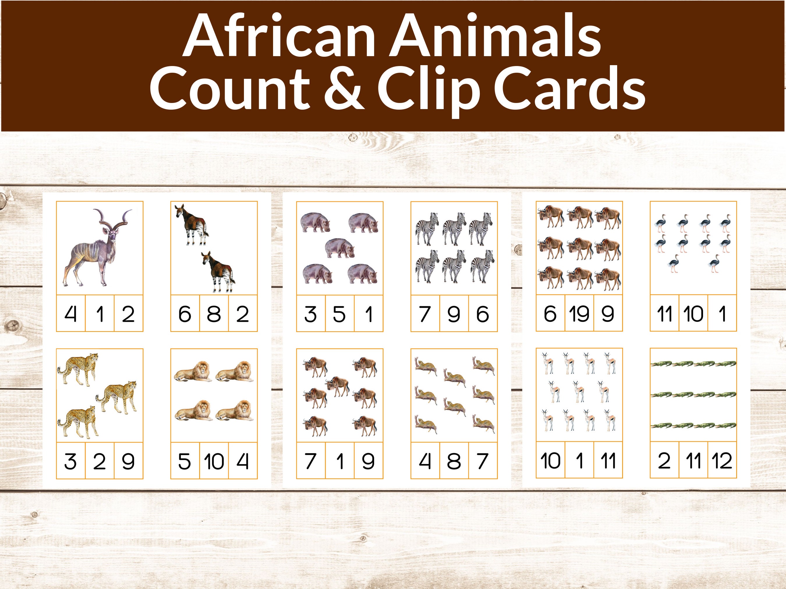 African Animals Montessori Count & Clip Cards. Preschool and ...