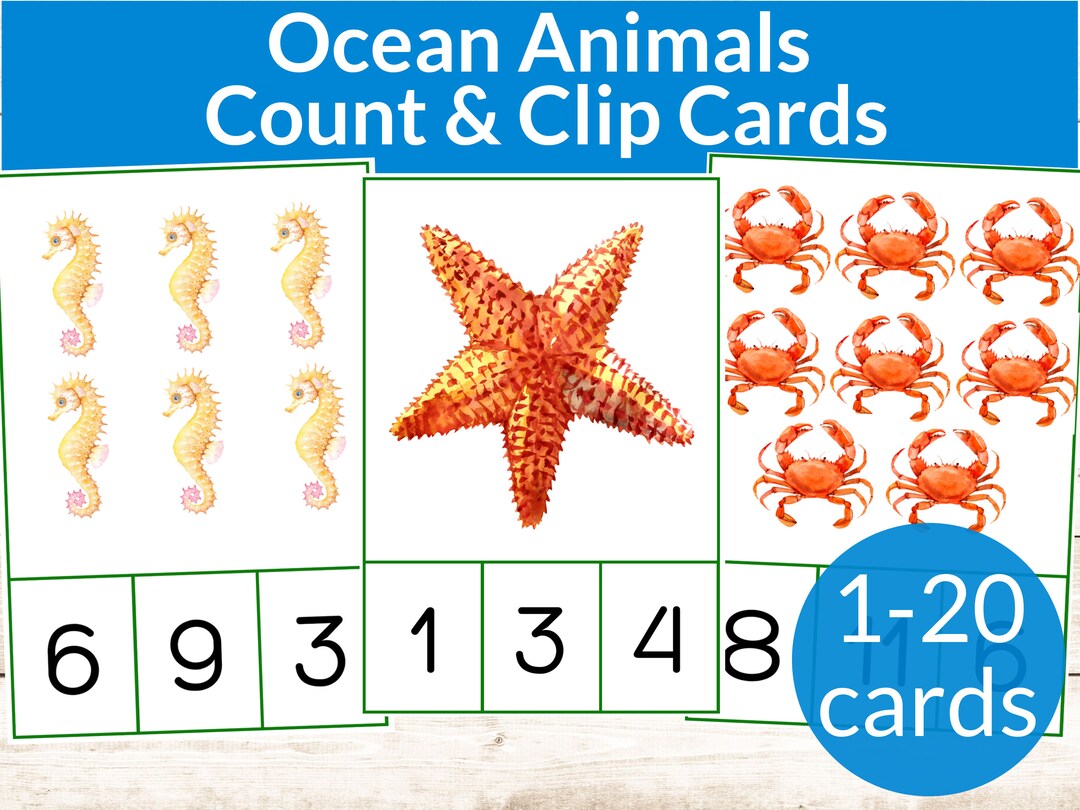 Ocean Animals Montessori Count & Clip Cards. Preschool and Kindergarten ...