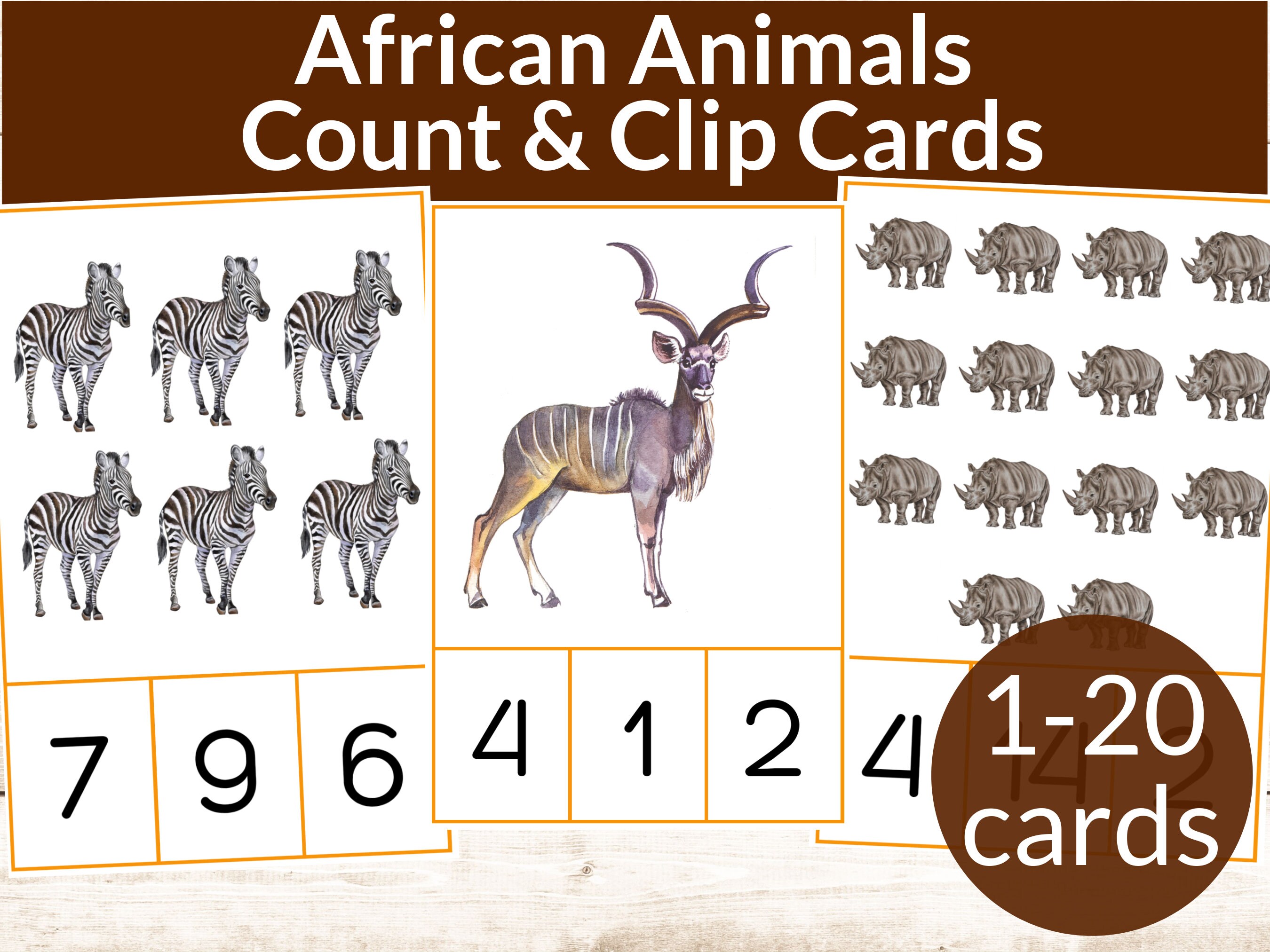 African Animals Montessori Count & Clip Cards. Preschool and ...