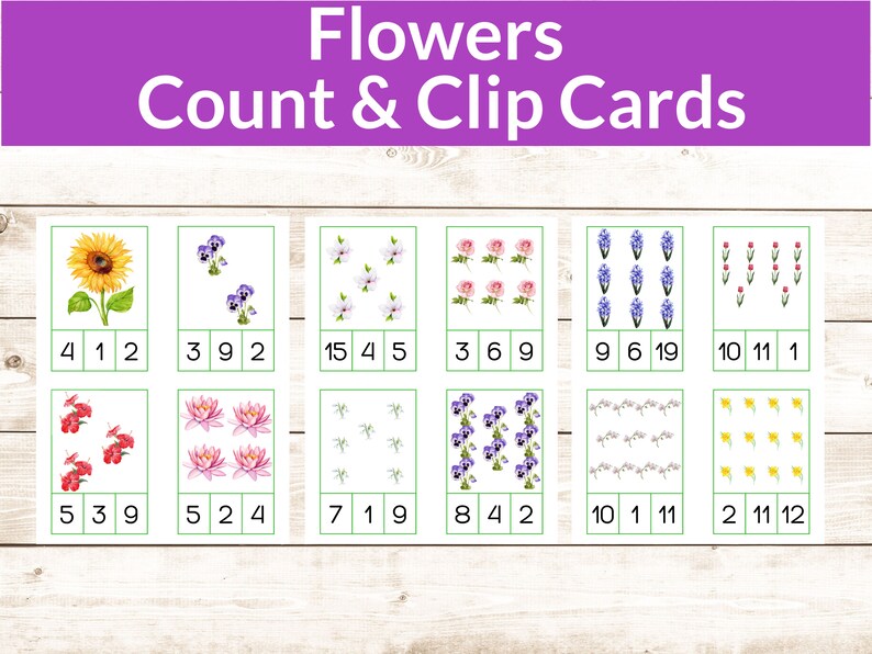 Flowers Montessori Count & Clip Cards. Preschool and Kindergarten Math ...