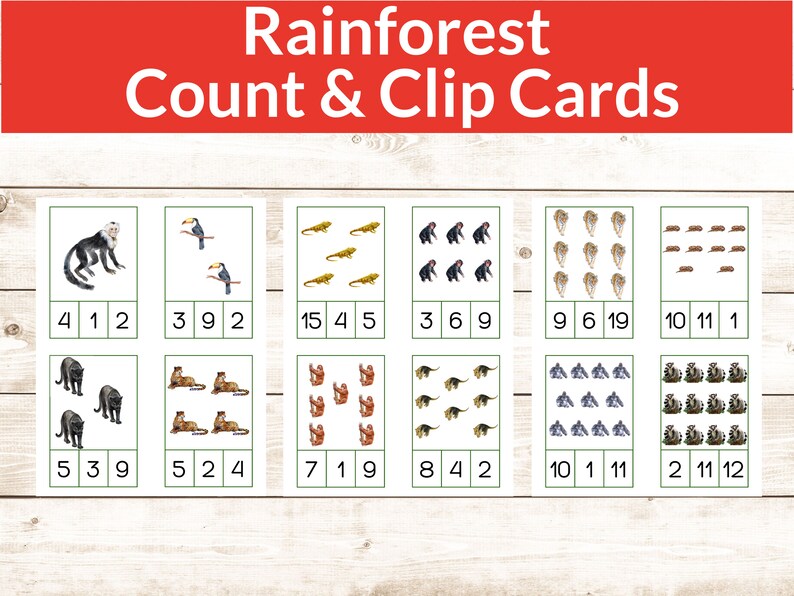 Rainforest Montessori Count & Clip Cards. Preschool and Kindergarten ...