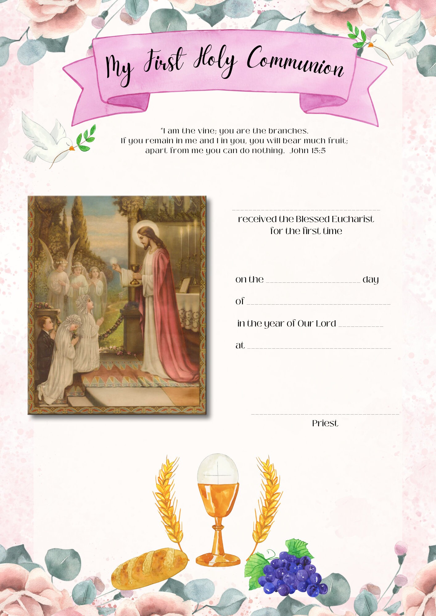 Certificado Primera Comunión Niñas PDF editable Imprimible - Etsy España