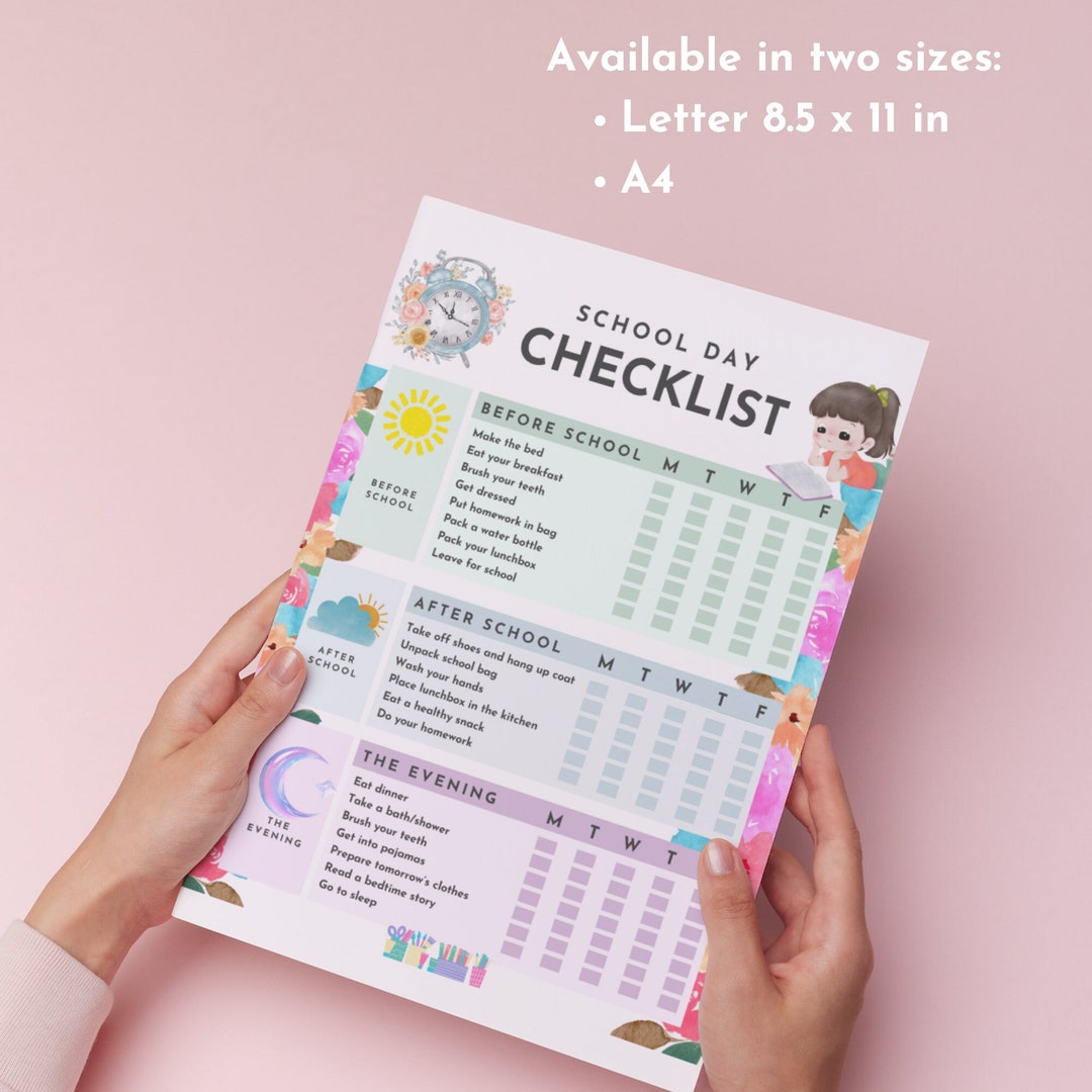 School Day Checklist for Girl Student | PDF A4 & 8.5x11 in Letter Size ...