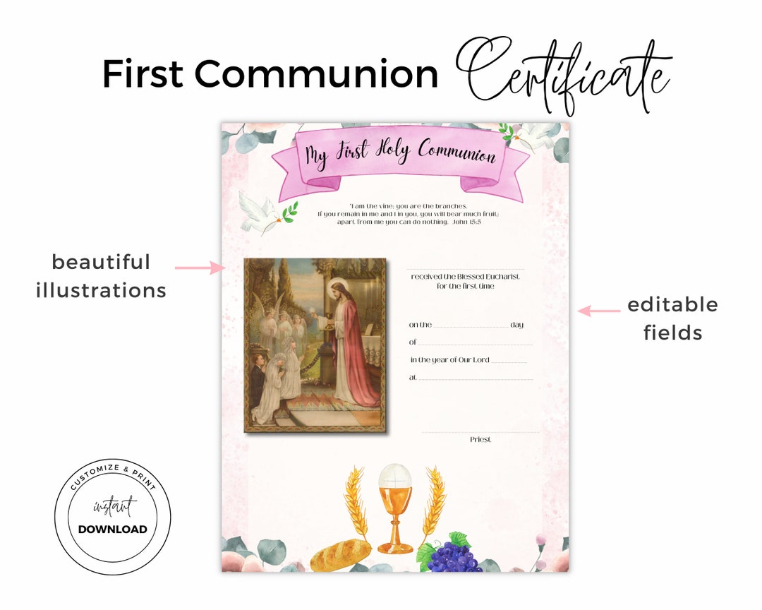 Certificado Primera Comunión Niñas PDF editable Imprimible - Etsy España