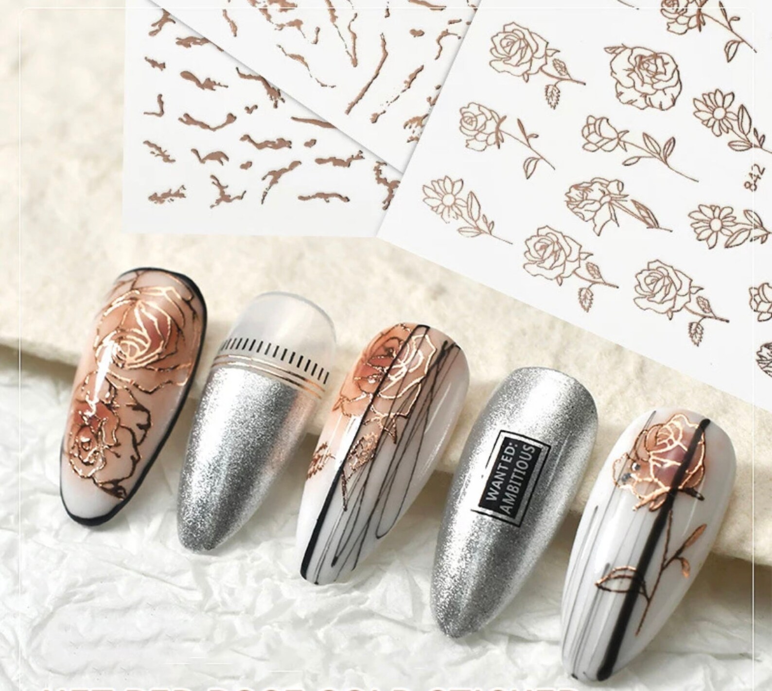1 Sheet 3D Rose Gold Flower Nail Stickers, Nail Art Stickers, 3D ...