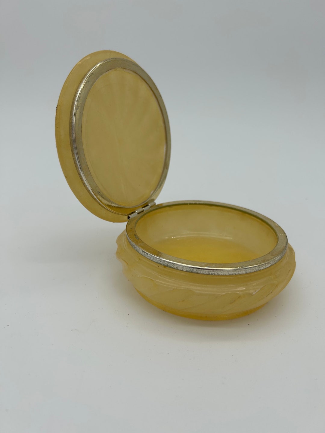 Vintage Genuine Carved Alabaster Stone Powder Jar With Hinged Lid. (a ...